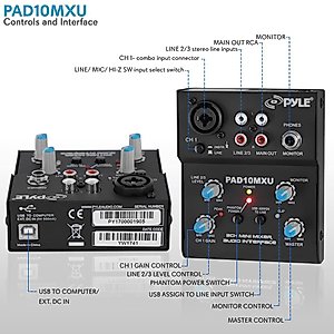 Pyle 2-Channel Audio Mixer - DJ Sound Controller Interface with USB Soundcard for PC Recording, XLR and 3.5mm Microphone Jack, 18V Power, RCA Input and Output for Professional and Beginners - PAD10MXU