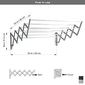 SOH DESIGN Wall Mount Clothes Drying Rack, Aluminum 8 Rods Expandable Wall Drying Rack for Laundry, Bathroom, Balcony, Indoor-Outdoor Use, 24 in wide