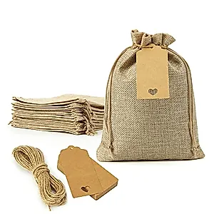 FOCCIUP 10 Pcs 6" x 8" Burlap Gift Bags with Drawstring Gift Bags for Wedding Party Jewelry Craft Packing with Tags