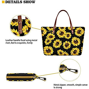 Wideasale Highland Cow Sunflower Printed 2Pcs Handbags Purse Set with Wallet for Women Outdoor Sports Athletic Tote Bags Zippered Large Shoulder Bag