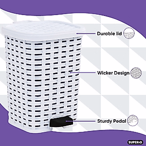 Superio Small Outdoor Trash Can with Lid for Dog Poop 3 Gallon/12 L Mini Plastic Garbage Can with Foot Pedal for Bathroom, Bedroom, Office, Patio, Wicker White