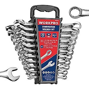 WORKPRO Mechanics Wrench Set Metric and Standard, 22PCS Complete Combination Wrenches Set. SAE 1/4" to 3/4", Metric 9mm to 19mm, Automotive Wrench Set with Rack Organizer