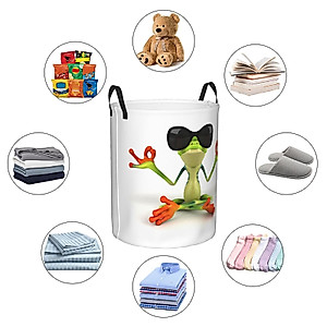 FOISIIAEA Laundry Basket,Funny Frog Wearing Glasses Bathroom Organizer Basket Waterproof Foldable Cloth Hamper with Lining for Home Storage