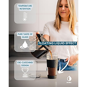 Hemli 19 oz. Clear Double Wall Glass Coffee Tumbler, To Go Glass Travel Mug with Lid, Portable Glass Thermos with Straw, Reusable Cup for Coffee, Tea, Smoothies, Ice Coffee, and Boba (Black)