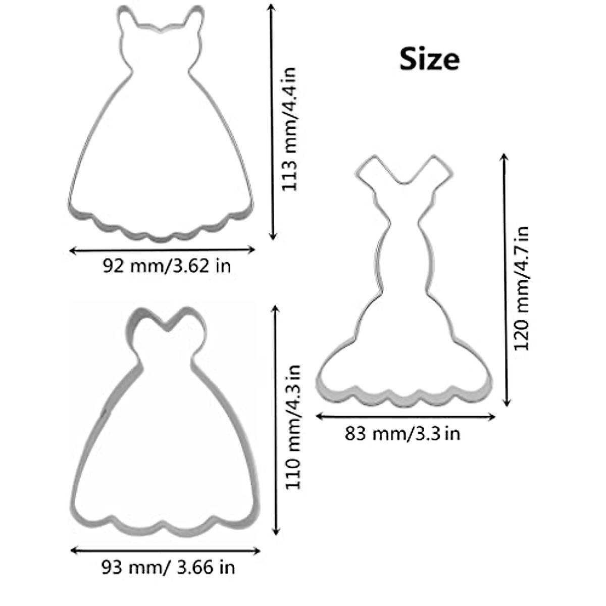 Large Size Dress Shaped Cookie Cutters Set of 3 pcs, Stainless Steel Fondant Cutters: Sleeveless Mermaid Dress 4.7 in 1 pc + Strapless Princess Dress 4.3 in 1 pc + Suspenders Wedding Dress 4.4 in 1 pc