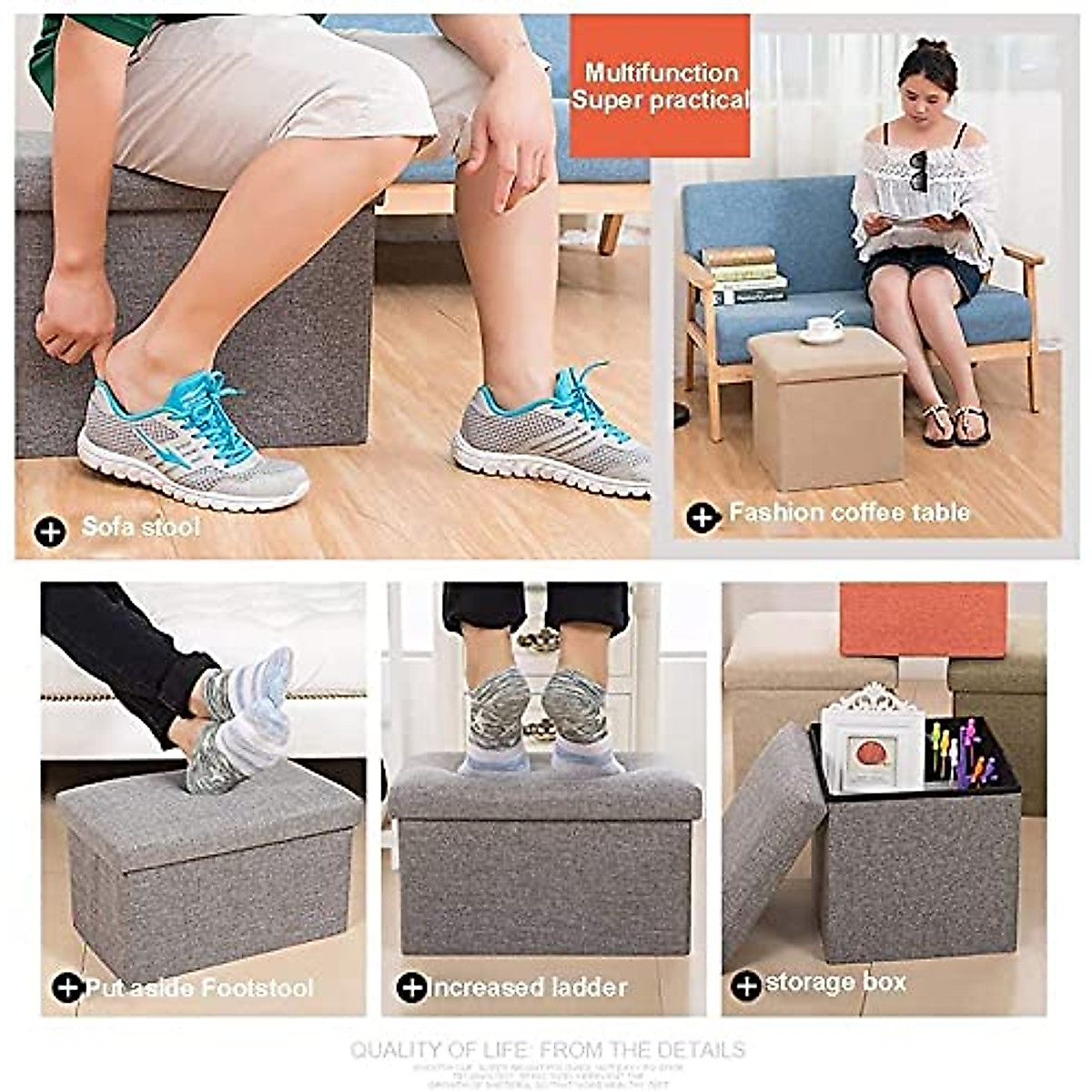 Footstool Storage,Cube Foot Rest Stools,Foldable Storage Boxes Footrest Step Stool,Folding Linen Storage -Table Seat Tray Top Coffee Table,Grey (Grey) (A