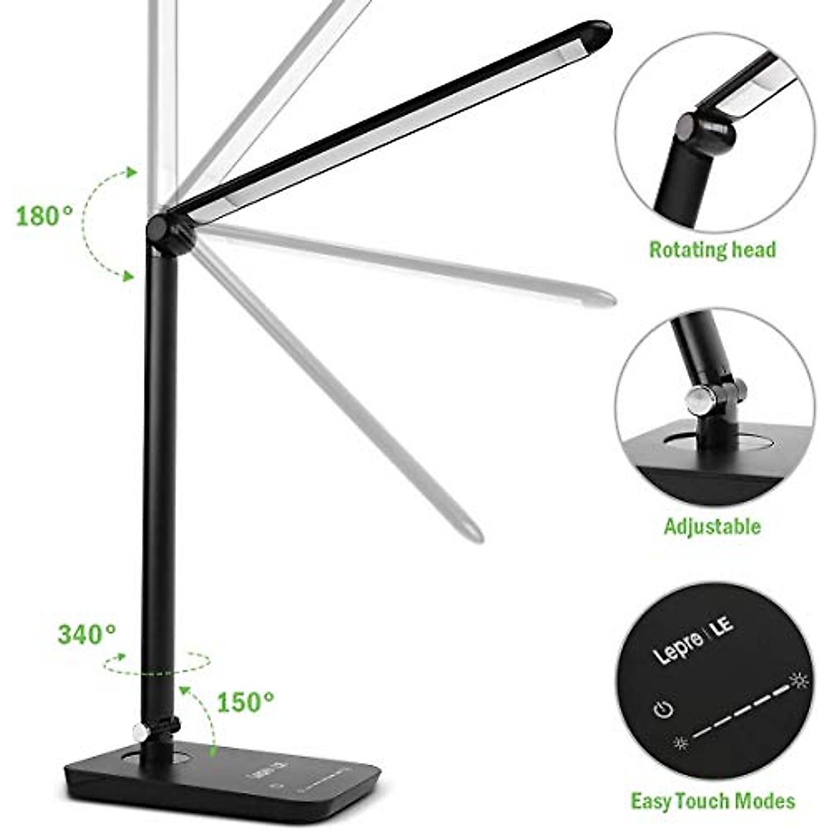LE Dimmable LED Desk Lamp, 7-Level Brightness Adjustable, Soft Touch Dimmer, Daylight White, Eye Care Natural Light, High Intensity Office Task Lamp for Reading, Study, Computer Work and More (Black)