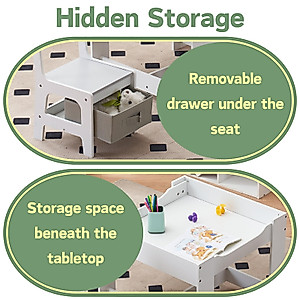 Karl home Kids Table and Chairs, 3 in 1 Toddler Table and Chair Set, Activity Table with Storage, Wood Kids Desk Chair for Kids 1-3 Years Old, Craft Table, Playroom, Living Room, Grayish-White