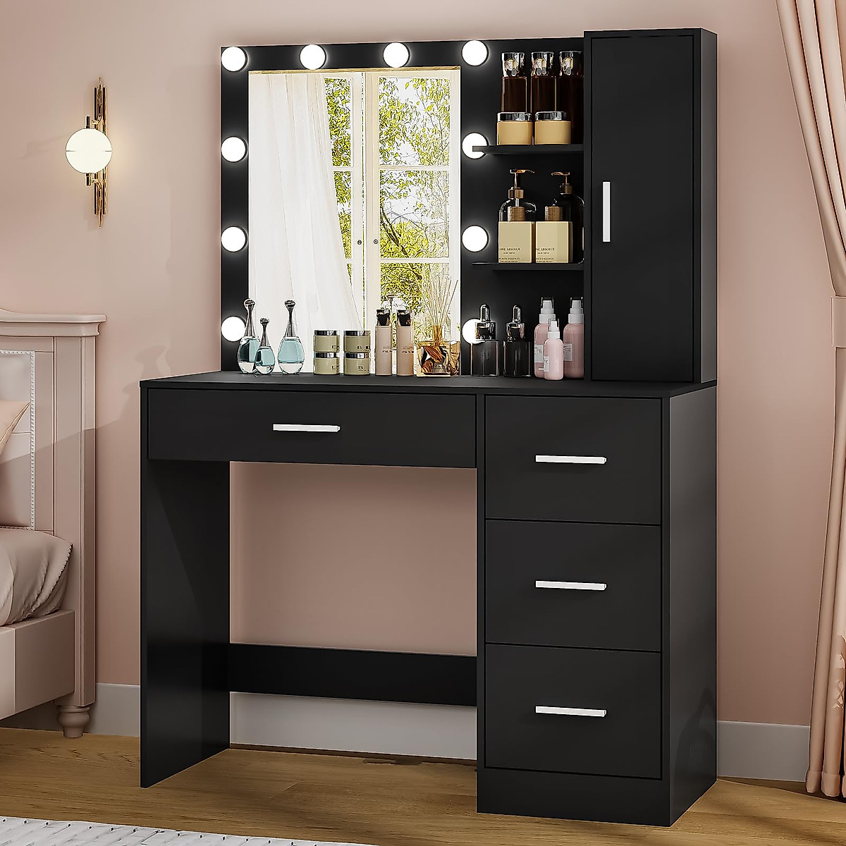 usikey Makeup Vanity with Lights, Vanity Desk with Mirror and 10 LED Lights, Vanity Table Set with 4 Drawers, Cabinet & 4 Necklace Hooks, Dressing Table for Bedroom, Black