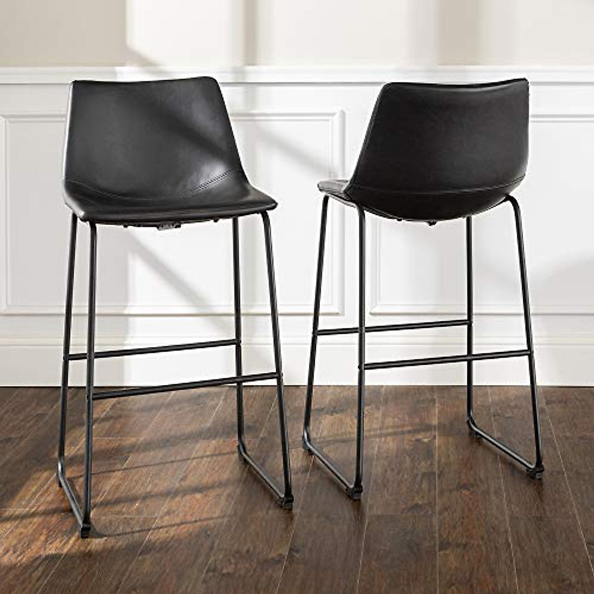 Walker Edison Douglas Urban Industrial Faux Leather Armless Bar Chairs, Set of 2, Black