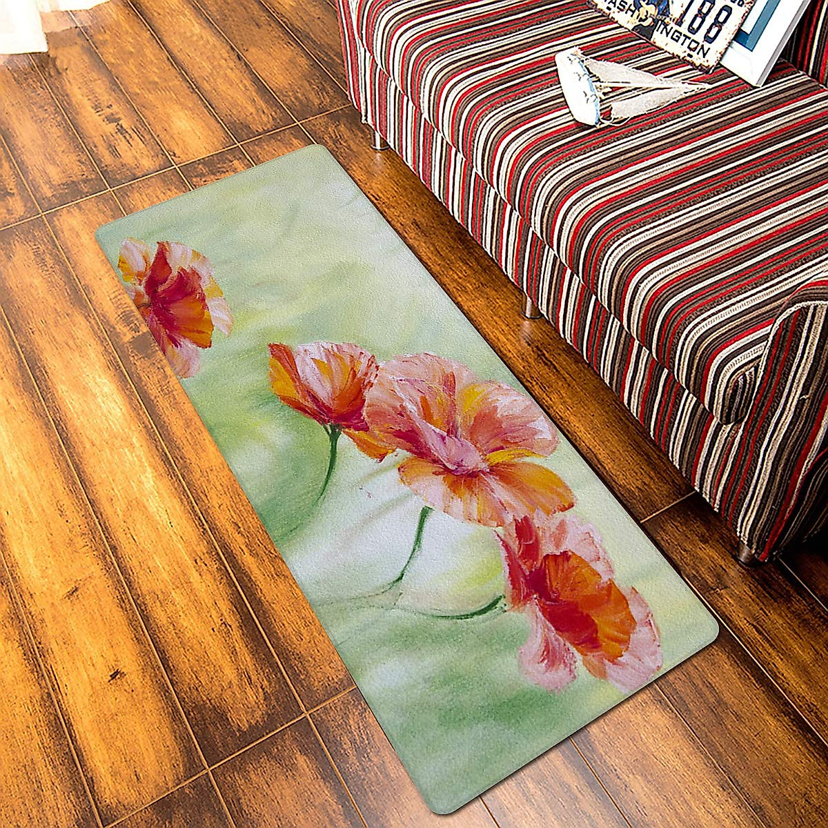 Oil Painting Blooming Poppy Flowers Antifatigue Kitchen Bath Door Mat Cushioned Runner Rug, Washable Welcome Floor Sink Mat, Waterproof & Non-Slip Comfort Standing Doormat for Kitchen, 18"x30"