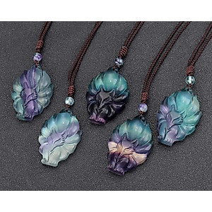 Jovivi Natural Fluorite Nine-Tailed Fox Crystal Necklace Healing Stones Gemstone Necklaces Pendant Protection Amulet Charm
