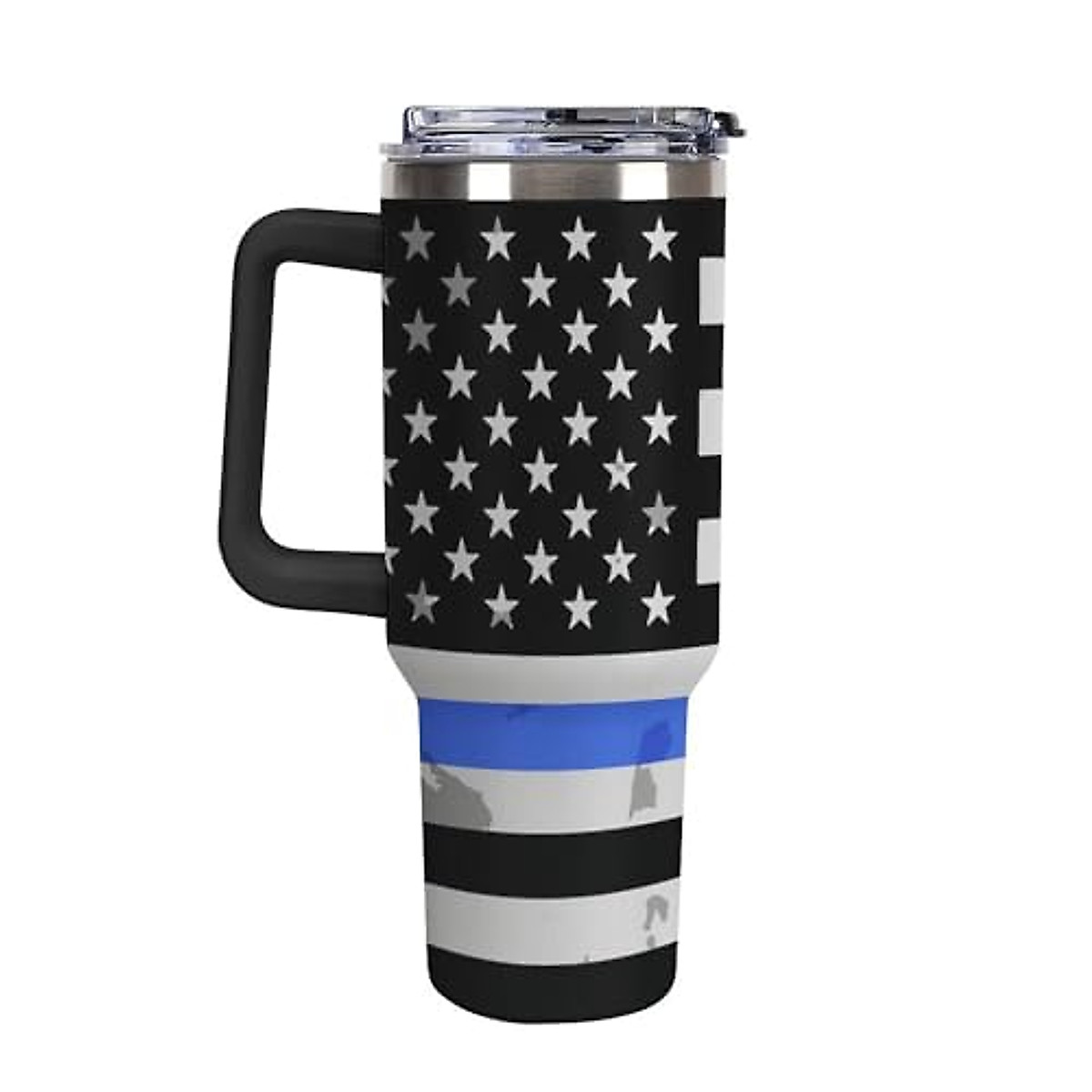 Large Capacity Stainless Steel Cup, Funny American Thin Blue Line Flag Police Pattern Black Handle Insulated Tumbler with Lid and Straw, 40 oz Water Bottle for Meeting, Travel