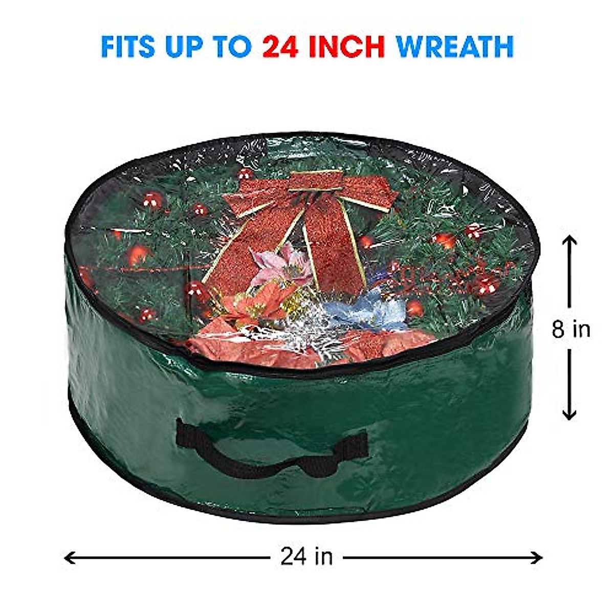 Propik Christmas Wreath Storage Bag 24" - Garland Holiday Container with Clear Window - Tear Resistant Fabric - 24" X 24" X 8" (Green)