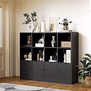 Anystyle Black 12 Cube Bookshelf, 3-Tier Bookcase Storage Cabinet with 4 Doors for Bedroom, Living Room