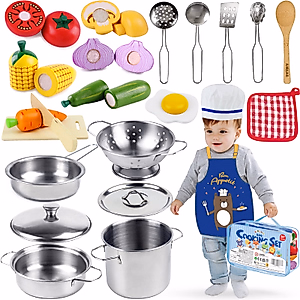 Airlab Kids Pots and Pans Playset for Kids Kitchen Accessories Wooden Play Food Stainless Steel Toys for Toddlers 1-3 Cutting Pretend Toy Bithday Gift