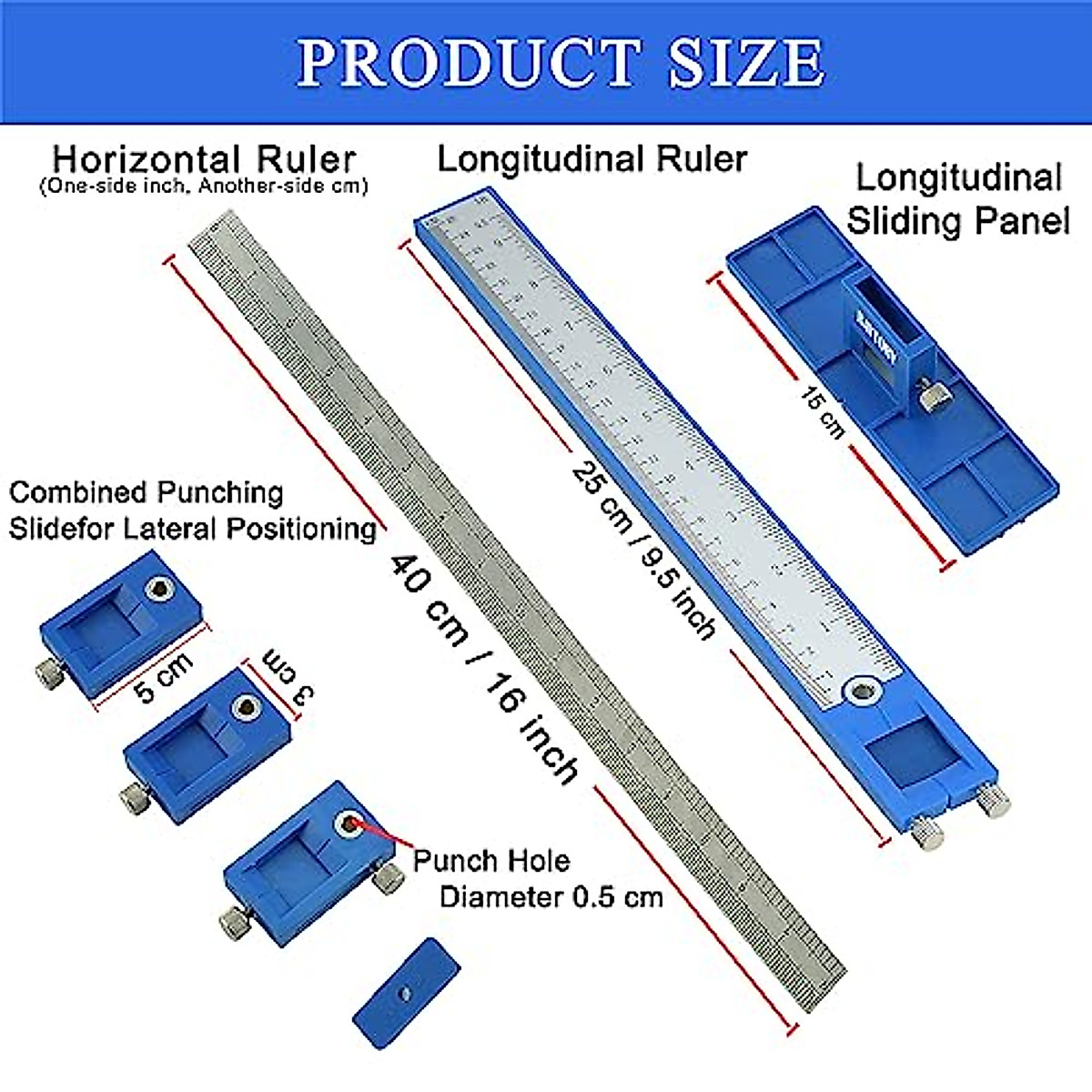 BAYTORY Upgrade Cabinet Hardware Jig Punch Drill Guide Locator for Installation of Drawer Pull Handle Knob, Wood Door Adjustable Drilling Doweling Template Tool with Storage Bag (Plastic Blue)