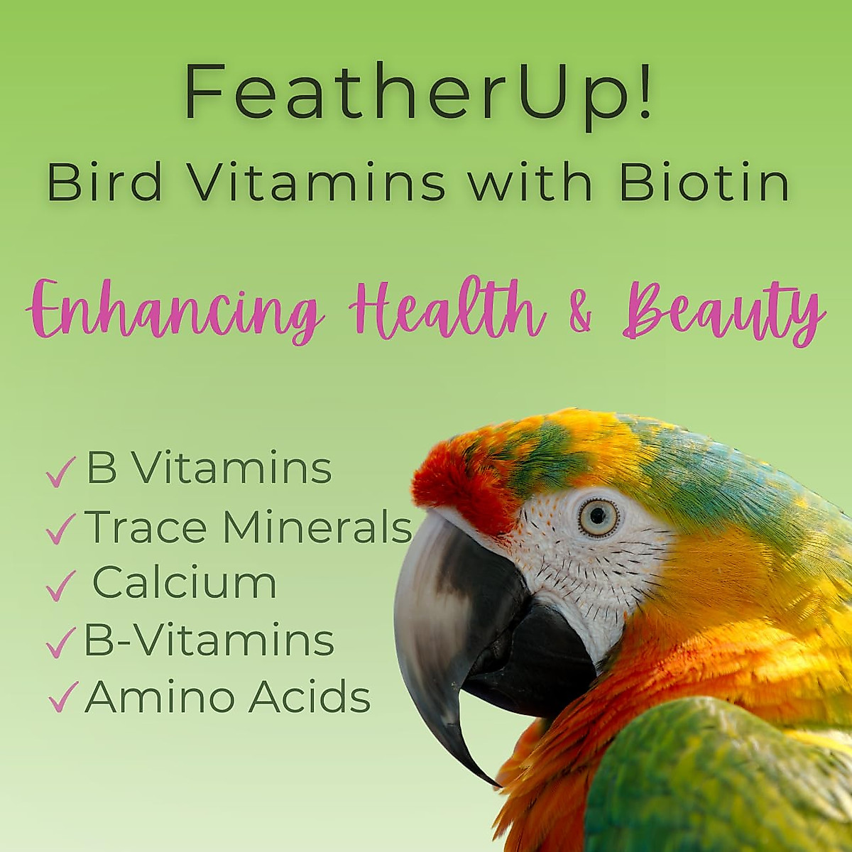 UnRuffledRx FeatherUp! Bird Vitamins with Biotin for Beautiful Plumage - Feather Growth Supplements for Parrots - 90 gm - 240 Servings