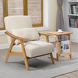 OAKHAM Mid Century Modern Accent Chair, Single Fabric Lounge Reading Armchair with Soft Wood Frame, Easy Assembly Arm Rest Chairs for Living Room, Bedroom Walnut-Brown (Walnut-Beige)