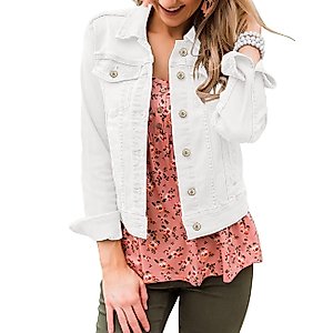 Vetinee Women's White Jean Jacket Women Basic Stretch Fitted Casual Button Down Truker Denim Jacket Long Sleeve Pockets Jean Coat Medium Size 8 Size 10