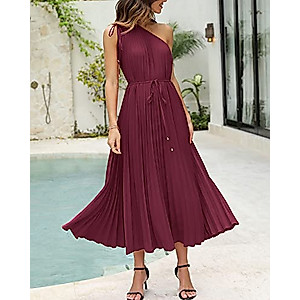 BTFBM Women's Drawstring One Shoulder Maxi Dresses Summer Sleeveless Tie Waist Pleated Long Flowy Party Cocktail Dress(Solid Wine Red, Medium)