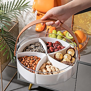 Clear Divided Serving Tray with Lid & Handle, Portable Round Plastic Veggie Tray, Platter Food Storage Container Box for Candy, Appetizer, Snack, Dried Fruit, Nuts, Vegetable, Party