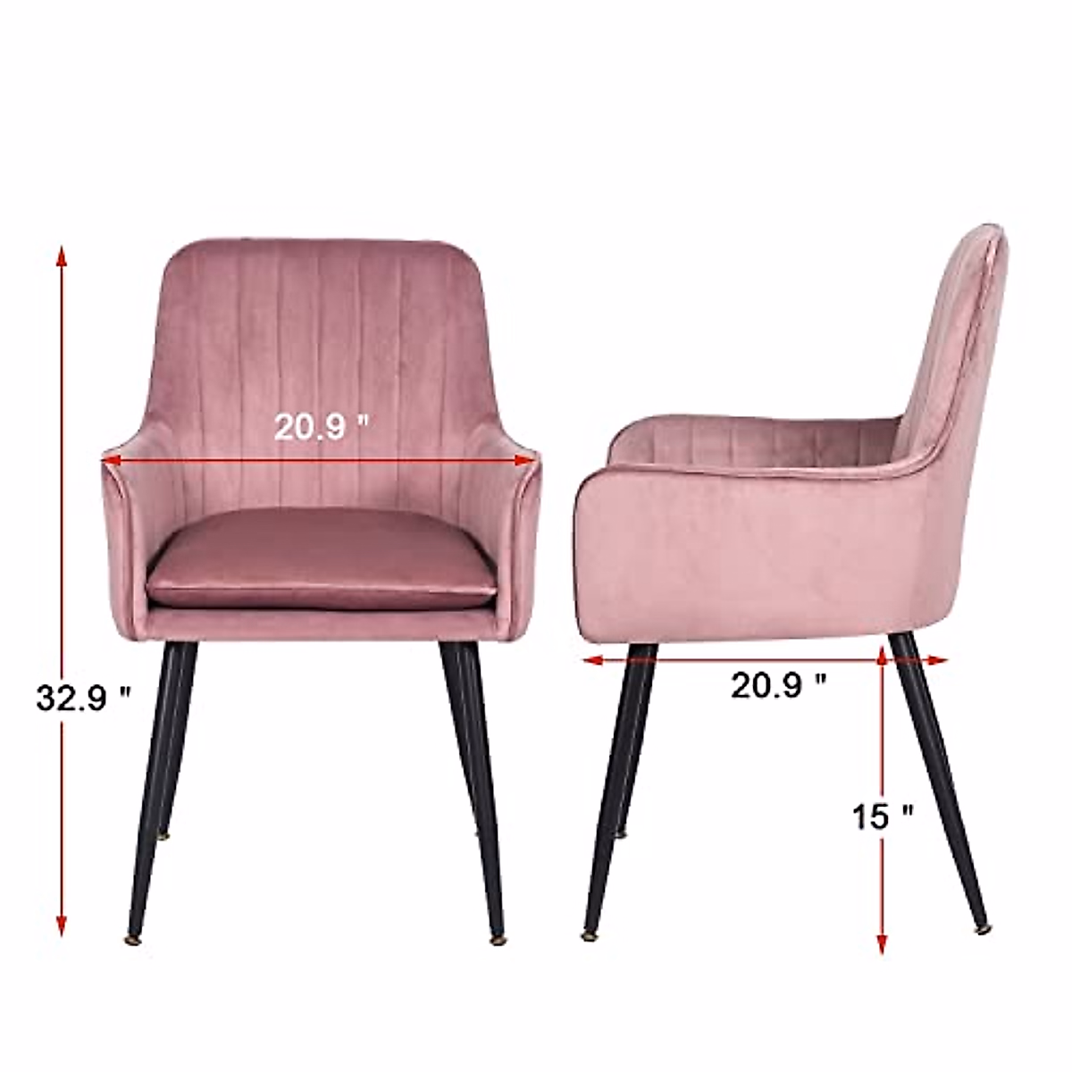 Decent Home Velvet Dining Chair Set of 2 Mid-Back Accent Arm Chairs with Black Metal Legs Modern Leisure Upholstered Seat Living Room Chair Home Desk Chair (Pink-2PCS)