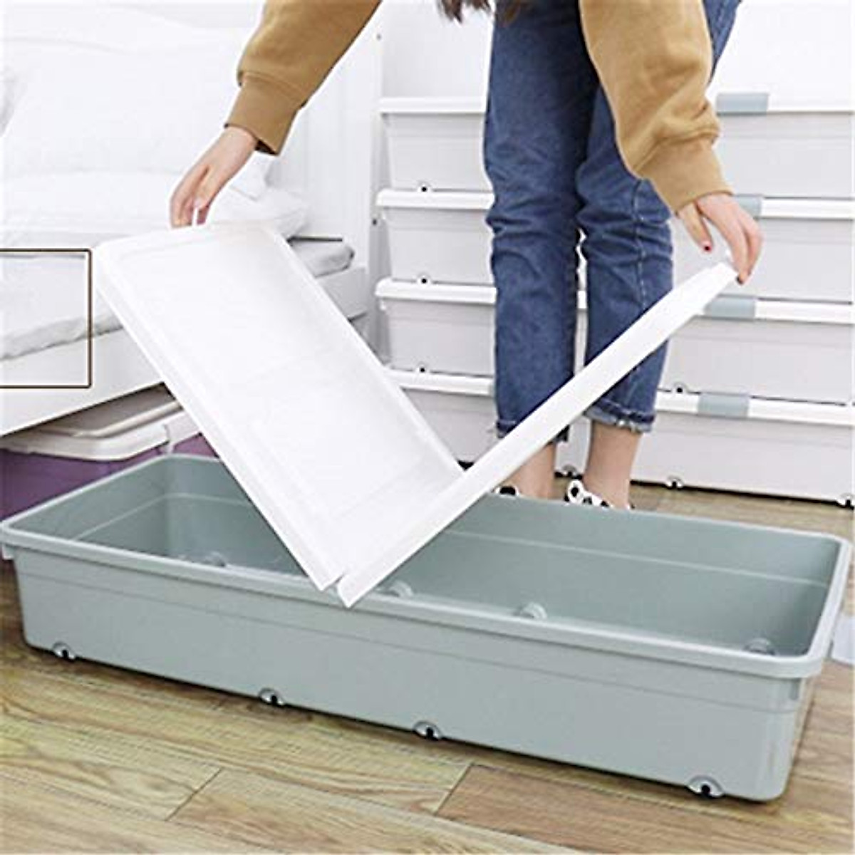 3 Pack Large Rolling Under Bed Storage Bin With Wheels, Sliding Underbed Plastic Containers With Lid Open From Both Sides. 37 x 19 x 7.3 inches