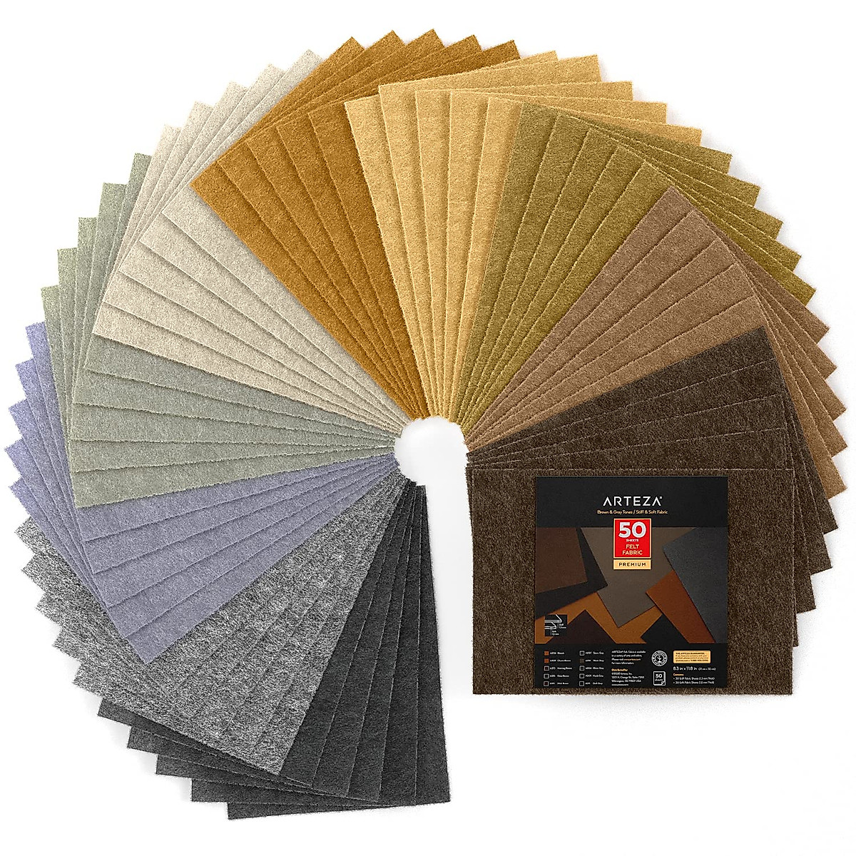 ARTEZA Craft Felt Sheets, 8.3 x 11.8 Inches, Set of 50, Brown and Gray Tones, Stiff Non Woven Felt Fabric for Sewing and DIY Projects