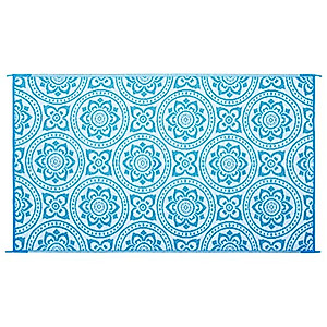 Stylish Camping 255083 5-feet by 8-feet Reversible Mat, Plastic Straw Rug, Large Floor Mat for Outdoors, RV, Patio, Backyard, Picnic, Beach, Camping - Leaf Mat (Turquoise/White)
