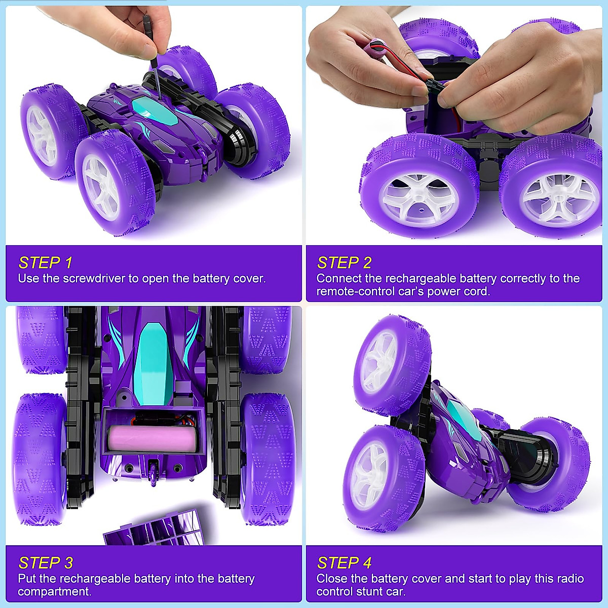 28℃ Remote Control Car for Boys, Drift High Speed RC Cars, 4WD 2.4Ghz Rechargeable RC Truck with Double Sided 360 Flips and Headlights Wheel Lights, Off-Road Stunt Toy Car for Kids Boy Girls (Purple)