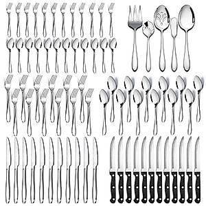 77-Piece Silverware Set with Steak Knives Serving Utensils, E-far Stainless Steel Flatware Cutlery Set for 12, Modern Tableware Eating Utensils for Restaurant Kitchen, Mirror Polished, Dishwasher Safe