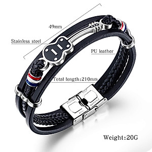 TEMICO Mens Womens Black Leather Cuff Bracelet Multi-Layer Cowhide Handmade Woven Rope Guitar Wristband