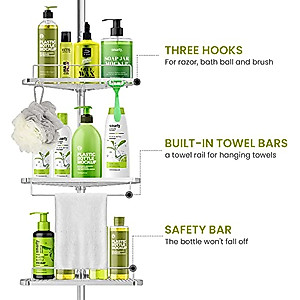 Yvilant Corner Shower Caddy Tension Pole, 4 Layer Rustproof Shower Corner Shelf Stainless Steel Pole Organizer Standing Shower Organizer Adjustable Shower Shelf, 59-110 Inches, Silver