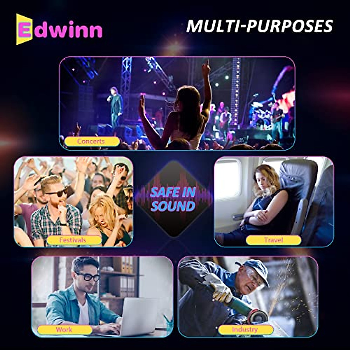 Edwinn Ear Plugs for Noise Reduction, 3 Pairs Invisible Noise Cancelling Ear Plugs, High Fidelity Hearing Protection for Concerts, Raves, Motorcycles, Work