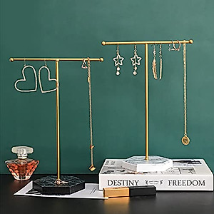 Jewelry Stand Display Necklace Holder T-Bar Plated Metal Tabletop Jewelry Organizer Tower for Show Jewelry Hanging Pendant Earring Bracelet Ring Accessorie with White Marble Plywood Bases.