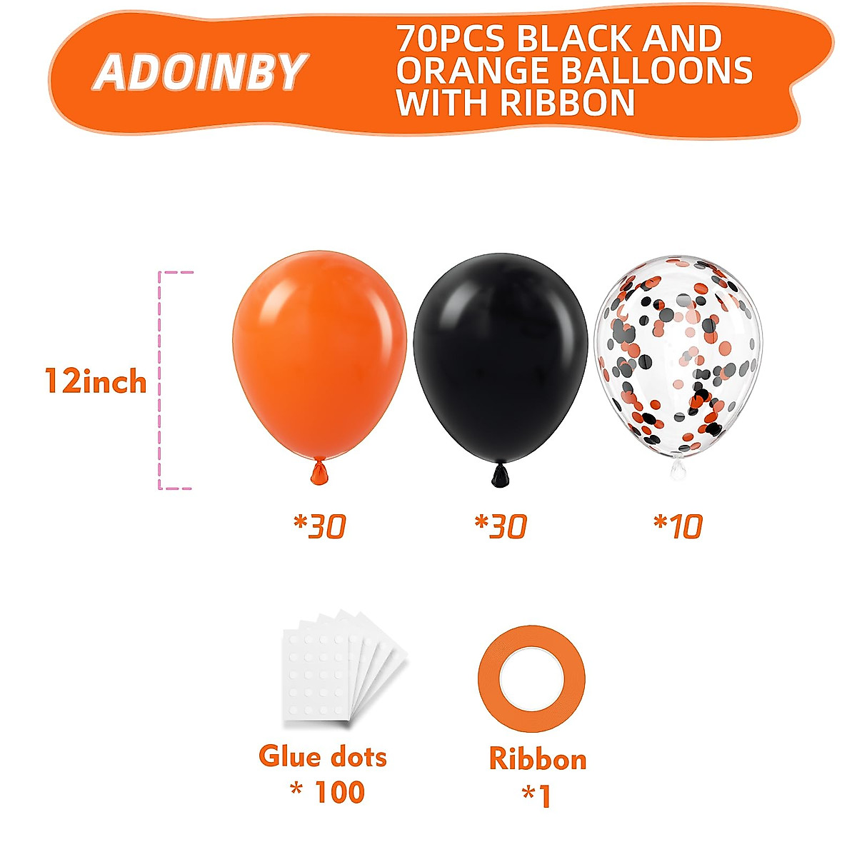 ADOINBY Black and Orange Balloons, 70Pcs 12inch Black Orange Latex Balloon and Confetti Balloons for Halloween Celebration Trick or Treat Party Spooky Ghost Party Bar Anniversary Graduation Decoration