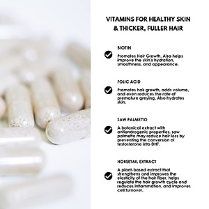 Natural Hair Growth Vitamins For Longer, Stronger, Healthier Hair, Perfect Skin And Healthy Nails. Organic Ingredients, Biotin And Minerals With No Chemicals For Men And Women. 60 Tablets