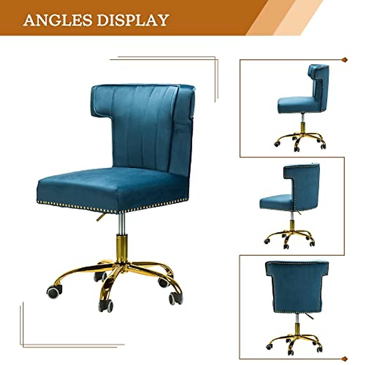 HULALA HOME Velvet Office Chair with Wingback and Decorative Nailhead, Adjustable Swivel Modern Armless Desk Chair, Cute Vanity Chair for Women (Gold Base, Navy)