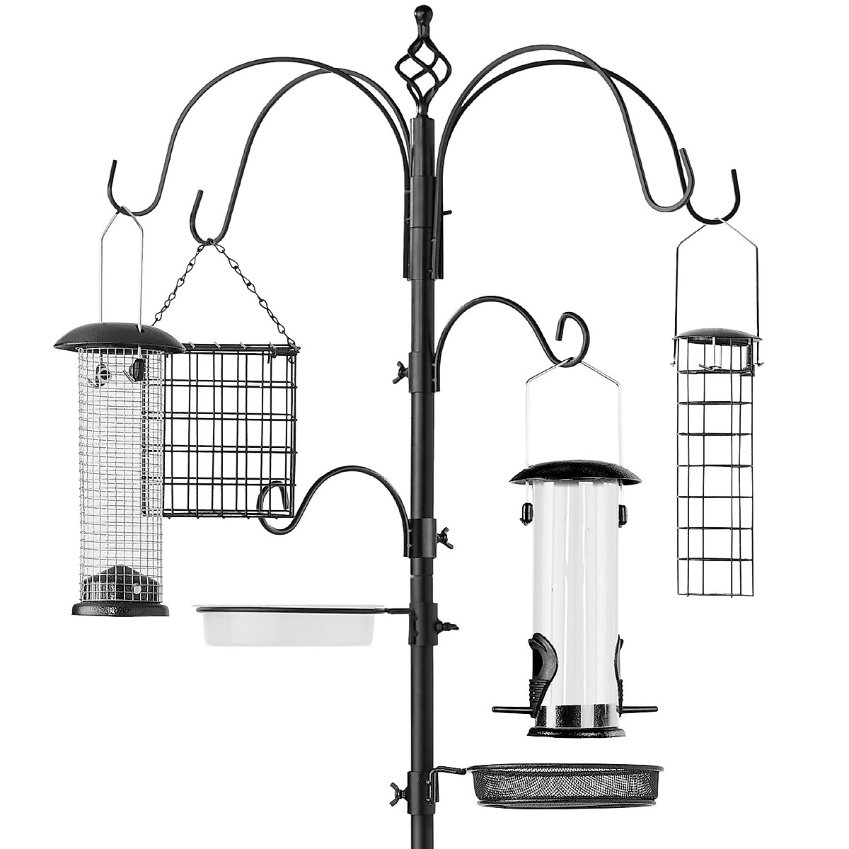 Best Choice Products 6-Hook Bird Feeding Station, Steel Multi-Feeder Kit Stand for Attracting Wild Birds w/ 4 Bird Feeders, Mesh Tray, Bird Bath, 5-Prong Base - Black