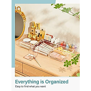 Kootek 6 Pcs Drawer Organizer Set, 3-Size Bathroom Drawer Organizers Makeup Trays Vanity Desk Dividers Versatile Storage Bins Clear Plastic Drawer Organization Container for Dresser, Kitchen, Office