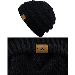 C.C Unisex Chunky Soft Stretch Cable Knit Warm Fuzzy Lined Skully Beanie, Black