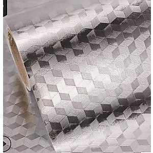 ZYAMY Self Adhesive Shelf Liner Drawer Liner Peel and Stick Aluminum Foil Wallpaper Cabinets Shelf Sticker, Creative Backsplash Paper Silver Tone for Home/Kitchen/Bathroom, 15.7X 78.7inch, 3D Cube