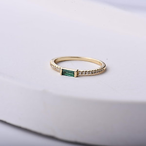 espere Dainty Minimal Emerald Baguette Ring | 18K Gold Plated Emerald Diamond Simulant Stackable Ring | Minimal CZ Anniversary Band Size 7