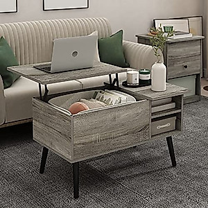 Furinno Jensen Living Room Wooden Leg Lift Top Coffee Table With Hidden Compartment and Side Open Storage Shelf, French Oak Grey