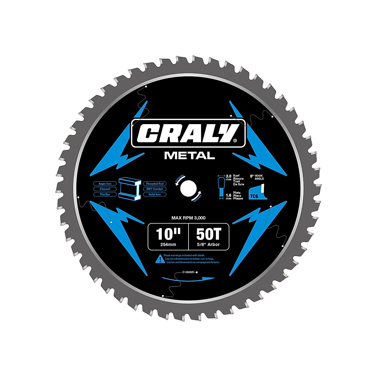 CRALY 10 Inch 50 Teeth Steel and Ferrous Metal Cutting Circular Saw Blade, 5/8 Inch Arbor, Thin Kerf, Professional Carbide Tipped Blade for Angle Iron, Threaded Rod, EMT Conduit(C1050MC)