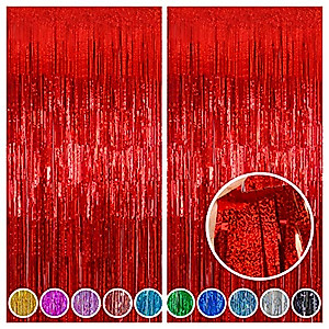 Melsan 2 Pack 3.2 ft x 8.2 ft Tinsel Foil Fringe Curtains Backdrop, Sparkle Fringe Curtains for Party Photo Background Decoration, Red