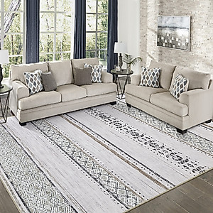 8x10 Area Rugs for Living Room Bedroom: Large Machine Washable Rug with Non-Slip Backing Non Shedding Stain Resistant, Soft Geometric Moroccan Carpet for Dining Room Nursery Home Office - Brown/Ivory