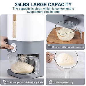 Rubtlamp 25 Lbs Gray Rice Dispenser, Rice Container with Lid, Rice Storage Container with Measuring Cup, Food Dispenser Rice Container, Storage Container for Cereal, Household Rice Bucket