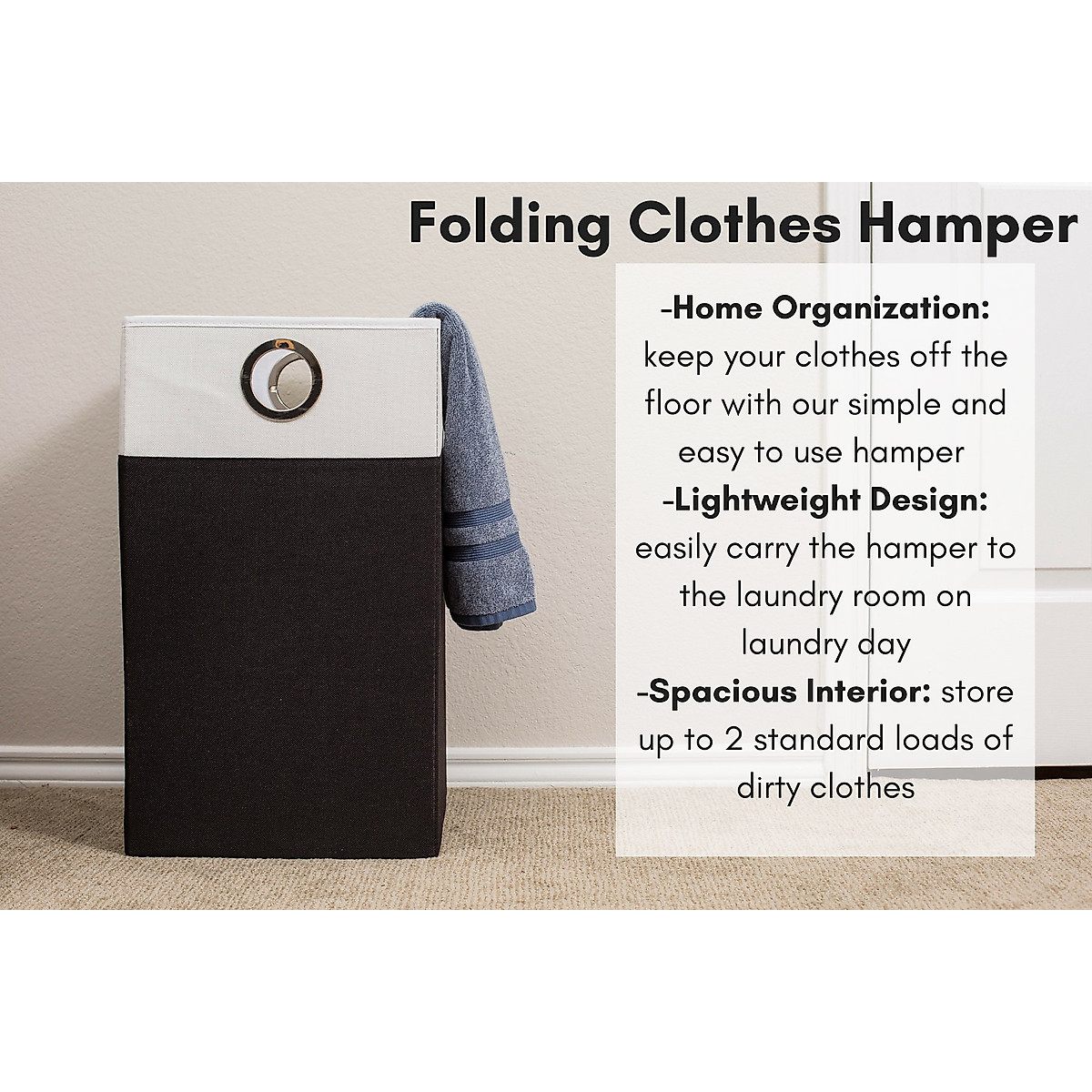 BirdRock Home Folding Cloth Laundry Hamper with Handles - Dirty Clothes Sorter - Easy Storage – Collapsible Bin – Home Organization – Black and White